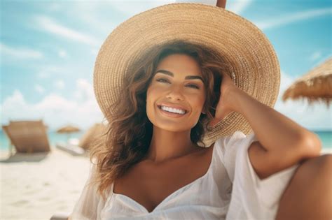 Premium Photo A Young Woman In A Hat Is Lying On A Chaise Longue By