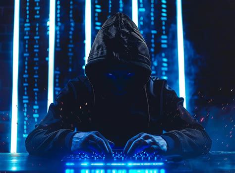 anonymous hacker in hoodie using laptop surrounded by digital code