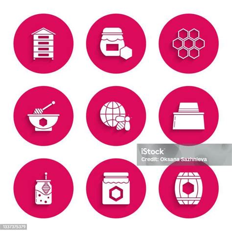 꿀벌과 꿀벌 항아리 꿀 나무 배럴의 허니콤지도를 설정 양봉가는 꿀벌 아이콘 모자 디퍼 스틱 그릇 하이브를 보호합니다 벡터 0명에 대한 스톡 벡터 아트 및 기타 이미지