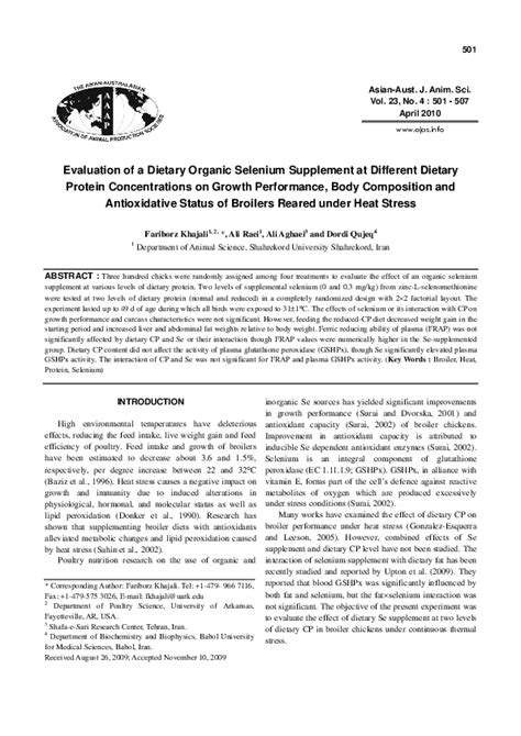 Pdf Organic Selenium Supplementation And Protein Levels In Chicks