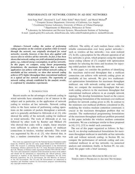 Pdf Performance Of Network Coding In Ad Hoc Networks