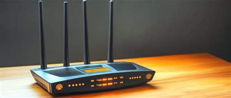 Black Wireless Router With Illuminated Indicators On A Wooden Table Premium Ai Generated Image
