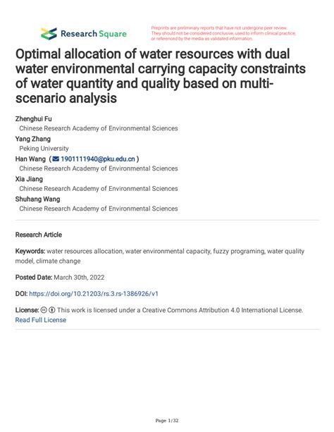 PDF Optimal Allocation Of Water Resources With Dual Water Environmental Carrying Capacity