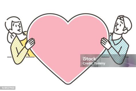 하트 카피 공간을 들여다 보는 부부의 벡터 일러스트 레이 션 사랑과 선물의 개념 공란에 대한 스톡 벡터 아트 및 기타 이미지