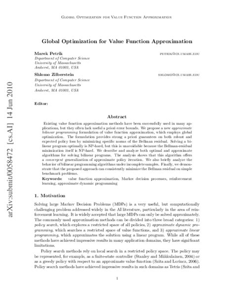 Pdf Global Optimization For Value Function Approximation Global