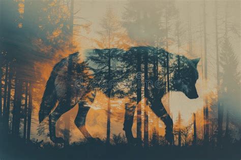 Mystical Double Exposure Wolf In Forest Sunset Silhouette Artwork For