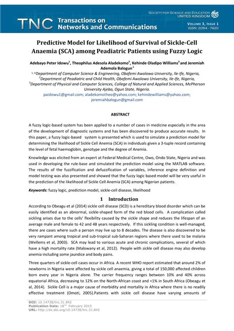 Pdf 2 Predictive Model For Likelihood Of Scd Among Pediatric Patients Using Fuzzy Logic