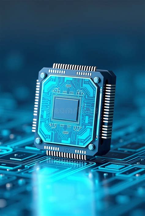 microchip on a circuit board with glowing patterns in blue stock