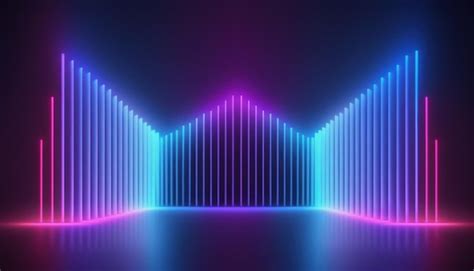 紫外スペクトルで光るピンクとブルーの垂直ネオンラインで抽象的な 3d レンダリングを行い、未来的なサイバー スペース レーザー ショーの壁紙を