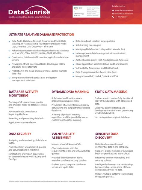 Datasunrise Datasheet Pdf Databases Cloud Computing