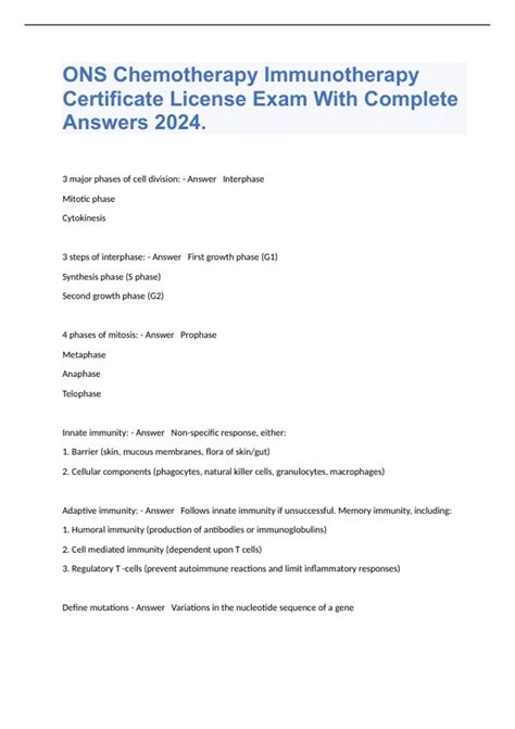 Ons Chemotherapy Immunotherapy Certificate License Exam With Complete