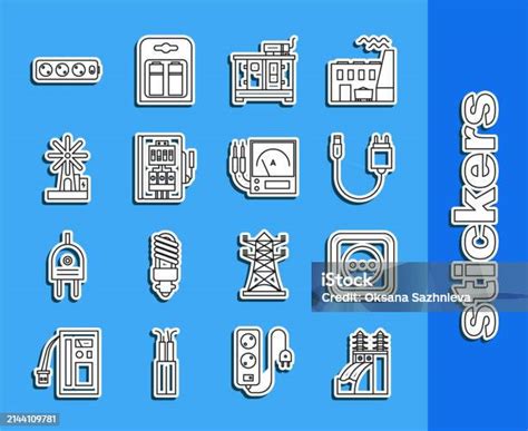 라인 원자력 발전소 전기 콘센트 충전기 디젤 발전기 패널 풍력 터빈 연장 코드 및 암페어 미터 멀티 미터 전압계 아이콘을 설정합니다 벡터 Led 조명에 대한 스톡 벡터 아트