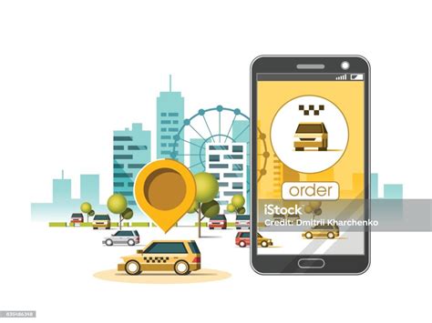 택시 서비스 모바일 응용 프로그램입니다 도시의 고층 빌딩 스마트 전화에 자동차와 함께 스카이 라인을 구축 응용 프로그램을 이동 합니다 평면 벡터 일러스트입니다 3차원 형태에