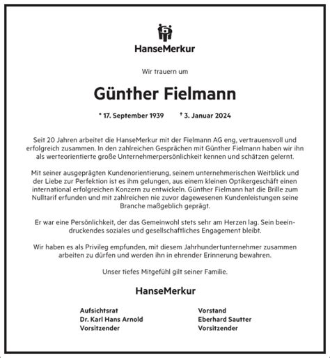 Traueranzeigen von Günther Fielmann Frankfurter Allgemeine Lebenswege