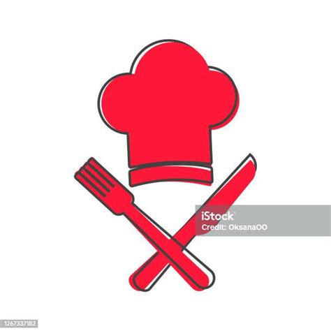 크로스 나이프와 포크 벡터 아이콘이 있는 셰프 모자 흰색 고립 된 배경에 만화 스타일을 요리 캡 요리사 갈림길에 대한 스톡 벡터 아트 및 기타 이미지 Istock