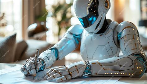 3d rendering robot learning and writing or solving problems Humanoid robot works in an office ...