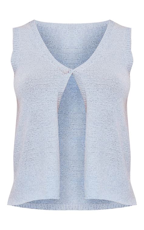 Blue Sheer Textured Knit Button Front Vest Top Knitwear