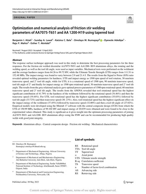 Optimization And Numerical Analysis Of Friction Stir Welding Parameters Of Aa7075 T651 And Aa