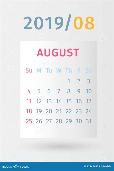 Projeto De Papel Do Calendário 2019 Começos De August Week Da Página Em