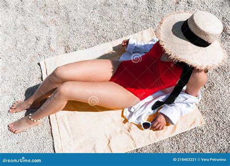 Young Woman In Red Swimsuit Sunbathing At Sea Beach Stock Image Image Of Beautiful Skin