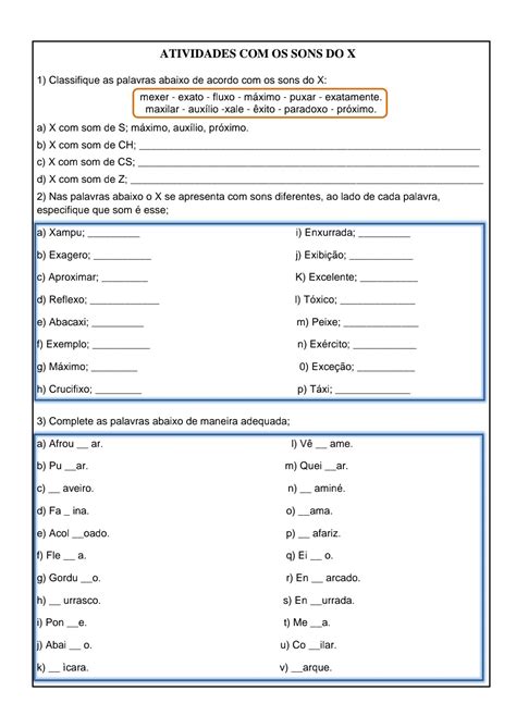 Ortografia os sons da letra X Atividade de língua portuguesa para trabalhar os sons da letra X