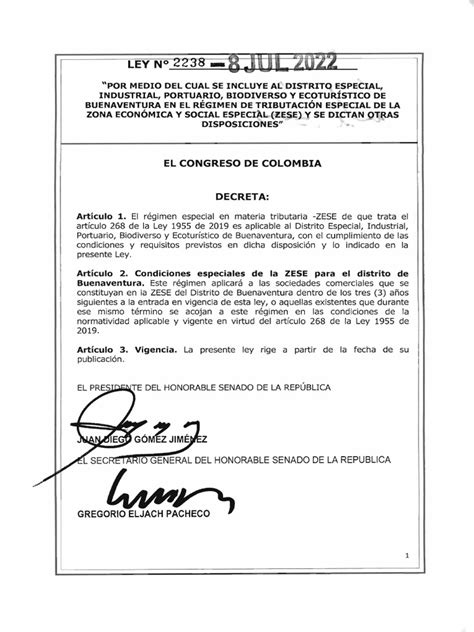 Ley 2238 De 08 De Julio De 2022 Pdf Colombia Gobernancia