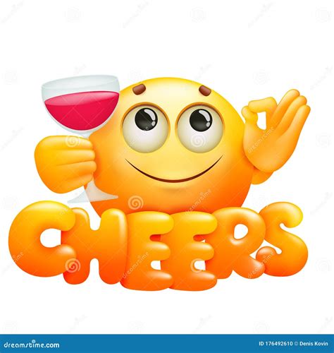 Cheers Icon With Yellow Emoji Cartoon Character Holding Glass Of Wine