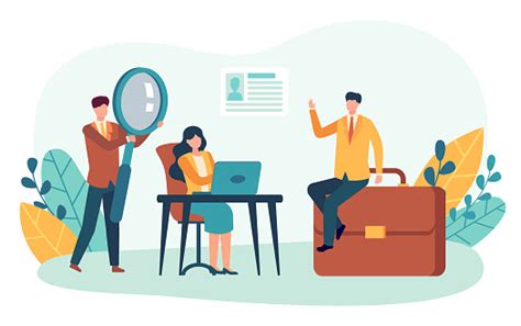 면접 돋보기로 후보자를 확인하는 Hr 전문가 신입사원 채용 서류 가방에 앉아 있는 작업자 성공에 대한 스톡 벡터 아트 및 기타 이미지 Istock