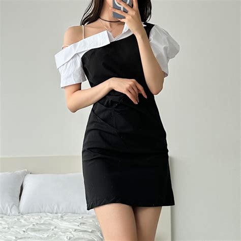 데리빌 오프숄더 반팔 셔츠 미니원피스 AF
