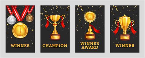 챔피언 트로피 세트 골드 챔피언십 우승 트로피 금메달 상 골드 월계관 화환 세트 상에 대한 스톡 벡터 아트 및 기타 이미지 상 포스터 1 Istock