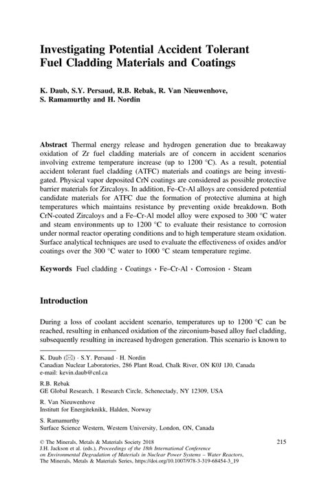 Pdf Investigating Potential Accident Tolerant Fuel Cladding Materials And Coatings
