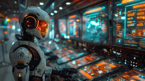 Advanced Ai Robot Operating High Tech Control Room Generative Ai Stock Image Image Of
