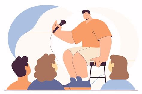 마이크를 들고 코미디 공연을 하는 스탠드업 코미디언 오픈 마이크 쇼에서 농담을 하는 마이크와 함께 스탠드 업 코미디안 좌석에 앉아 있는 라이브 퍼포머 바탕에 평평한