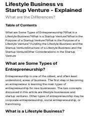 Differences Between Lifestyle Business And Startup Venture Course Hero