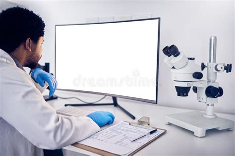 Mockup Science And Black Man With Computer Research And Typing For