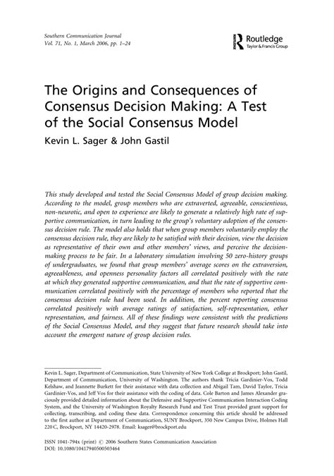 Pdf The Origins And Consequences Of Consensus Decision Making A Test