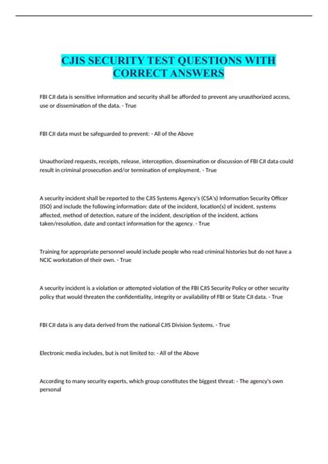 Cjis Security Test Questions With Correct Answers Cjis Security