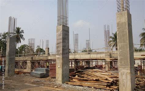 Casted Concrete Column At The Construction Site Provided Protruding Reinforcement Bar And Ready