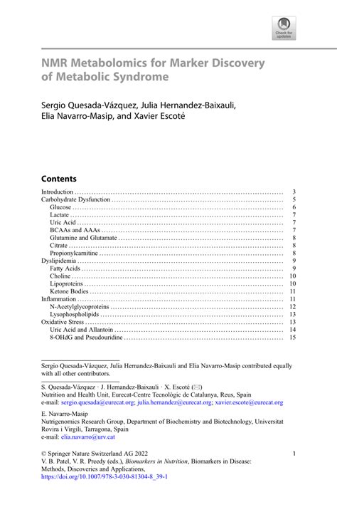 Pdf Nmr Metabolomics For Marker Discovery Of Metabolic Syndrome