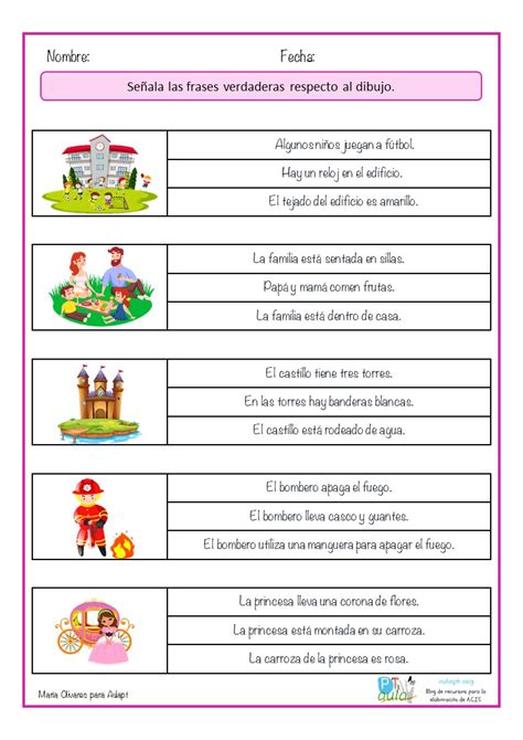 Comprensión Lectora A Partir De Dibujos Señala Las Frases Verdaderas