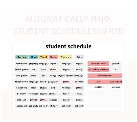 Automatically Mark Student Schedules In Red Excel Template And Google