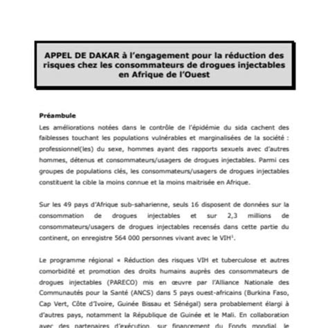 Appel De Dakar à L Engagement Pour La Réduction Des Risques Chez Les