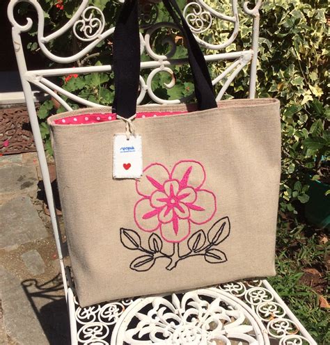 Raw Linen Tote Bag Handmade Hand Embroidered With A Single Blight Flower Shoppers Carryall