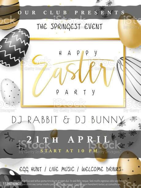 벡터 일러스트 레이 션의 부활절 날 초대장 파티 포스터 템플릿 손 글자 레이블행복 한 부활절현실적인 계란 4월에 대한 스톡 벡터 아트 및 기타 이미지 Istock