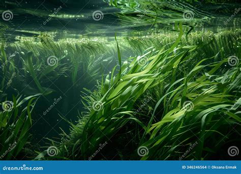 Underwater Grass Long Seaweed In Dark River Water Overgrown Stream With Algae Grass Waving In