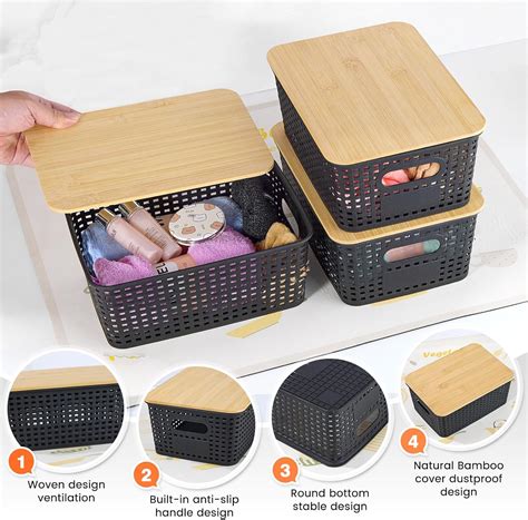 Hblife Plastic Storage Baskets With Bamboo Lids 6 Pack Storage