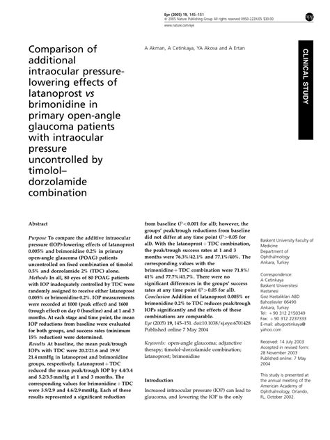 Pdf Comparison Of Additional Intraocular Pressure Lowering Effects Latanoprost Vs Brimonidine