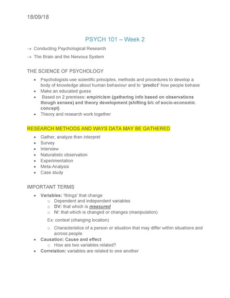 Psych 101 Week 2 18 09 PSYCH 101 Week 2 Conducting Psychological Research The Brain