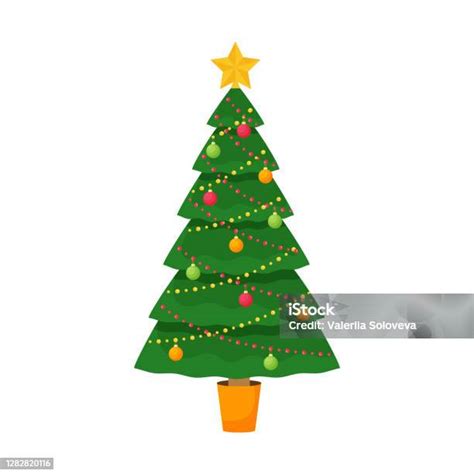장난감 화환 별장식 크리스마스 트리 크리스마스와 새해 디자인의 요소 엽서 템플릿입니다 플랫 스타일로 벡터 그림 흰색 배경에 격리 크리스마스 트리에 대한 스톡 벡터 아트 및