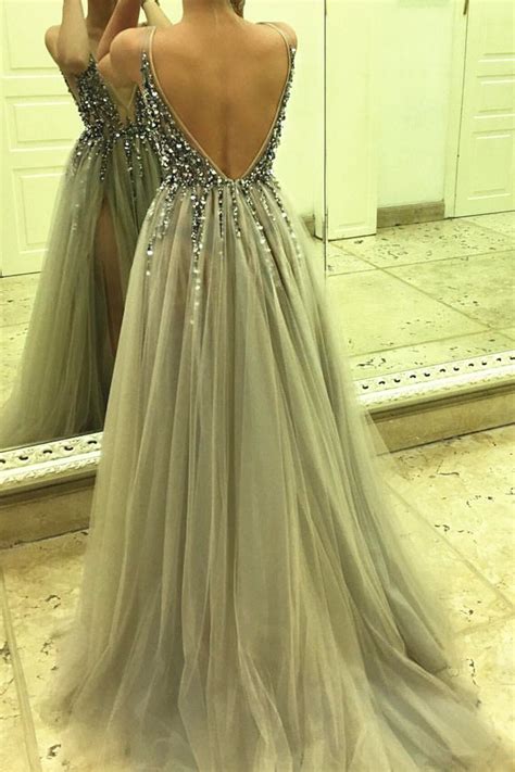 Sexy Side Split Tulle Evening Dresslong Beading A Line Prom Dresses